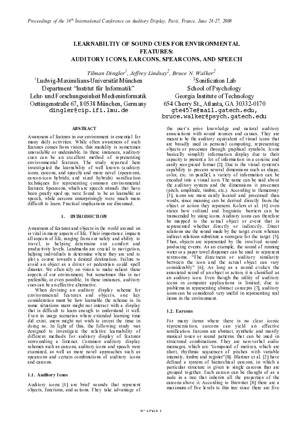 (PDF) Learnabiltiy of Sound Cues for Environmental Features: Auditory ...