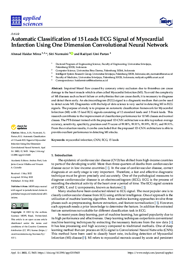 Pdf Automatic Classification Of 15 Leads Ecg Signal Of Myocardial Infarction Using One