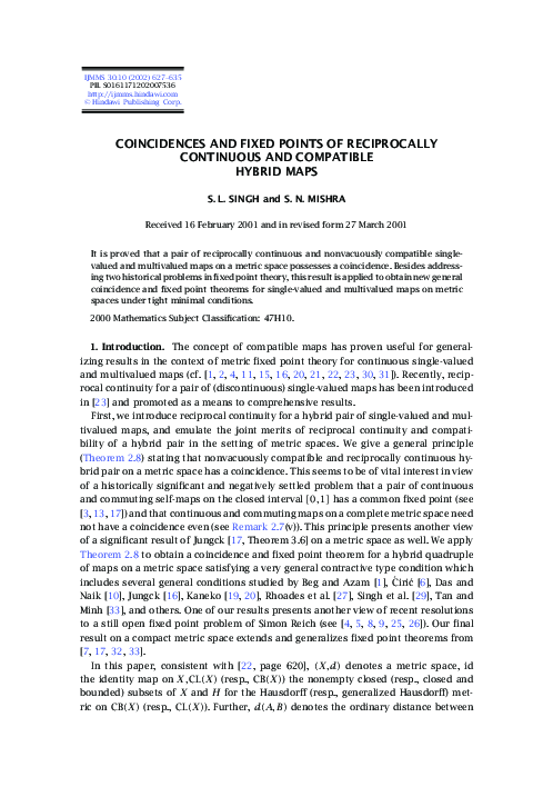 Pdf Coincidences And Fixed Points Of Reciprocally Continuous And