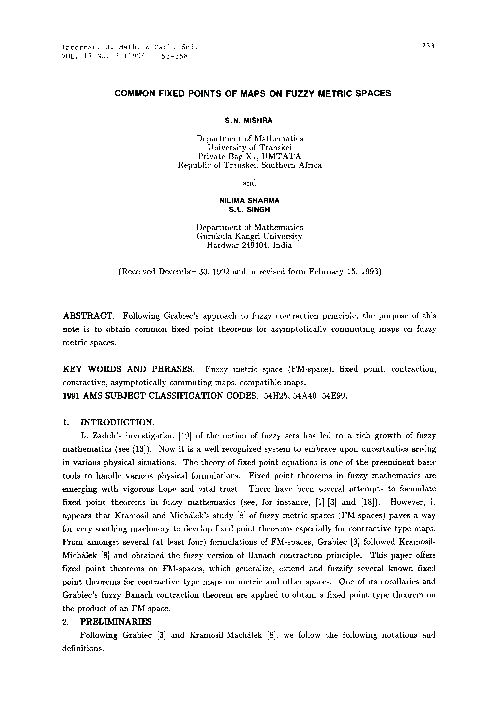 Pdf Common Fixed Points Of Maps On Fuzzy Metric Spaces Shyam Singh