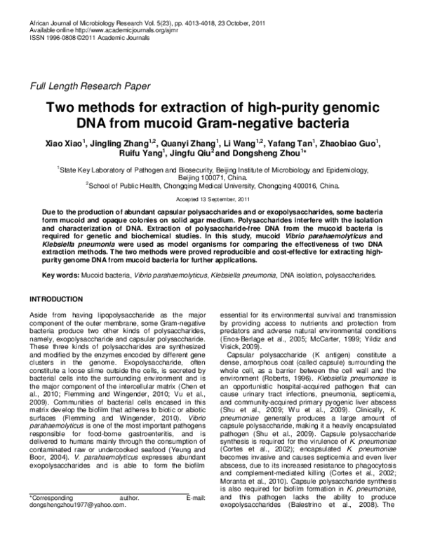(PDF) Two methods for extraction of high-purity genomic DNA from mucoid ...