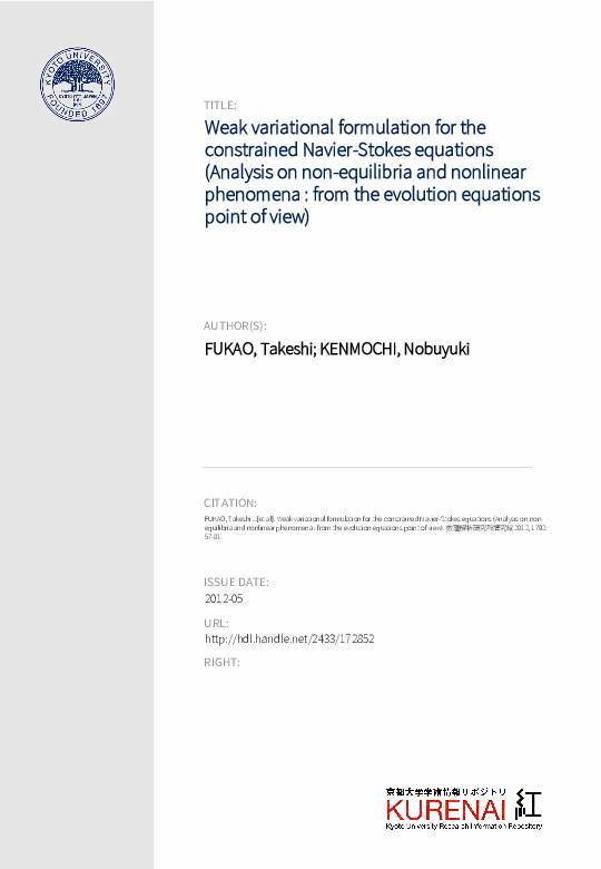 Pdf Weak Variational Formulation For The Constrained Navier Stokes Equations