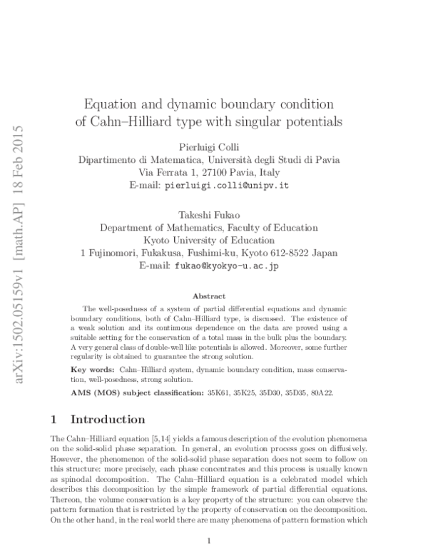 Pdf Equation And Dynamic Boundary Condition Of Cahnhilliard Type With Singular Potentials