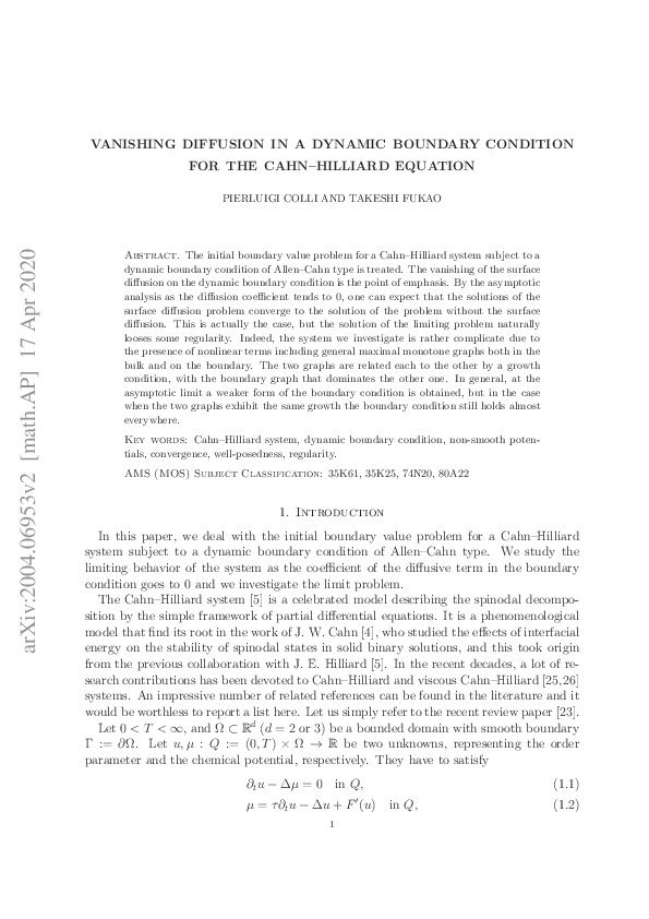 (PDF) Vanishing diffusion in a dynamic boundary condition for the Cahn ...