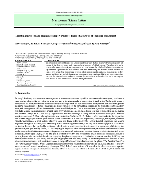 (PDF) Talent management and organizational performance: The mediating role of employee engagement