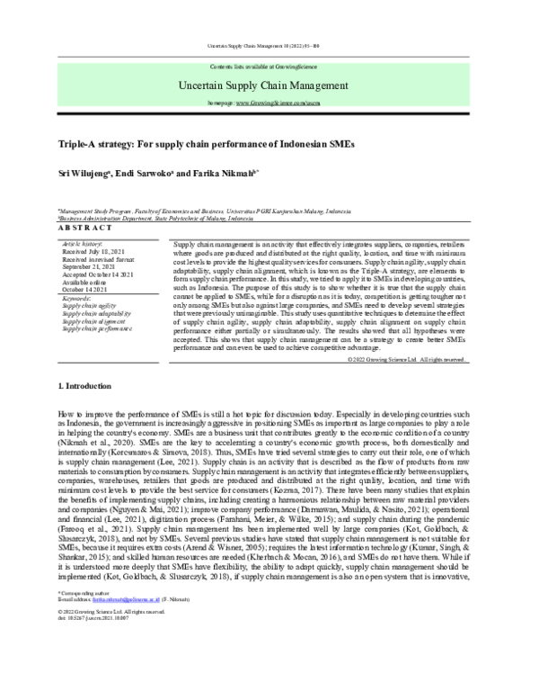(PDF) Triple-A strategy: For supply chain performance of Indonesian SMEs