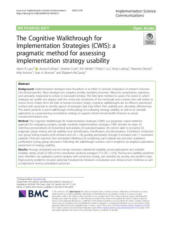 (PDF) The Cognitive Walkthrough for Implementation Strategies (CWIS): a pragmatic method for ...