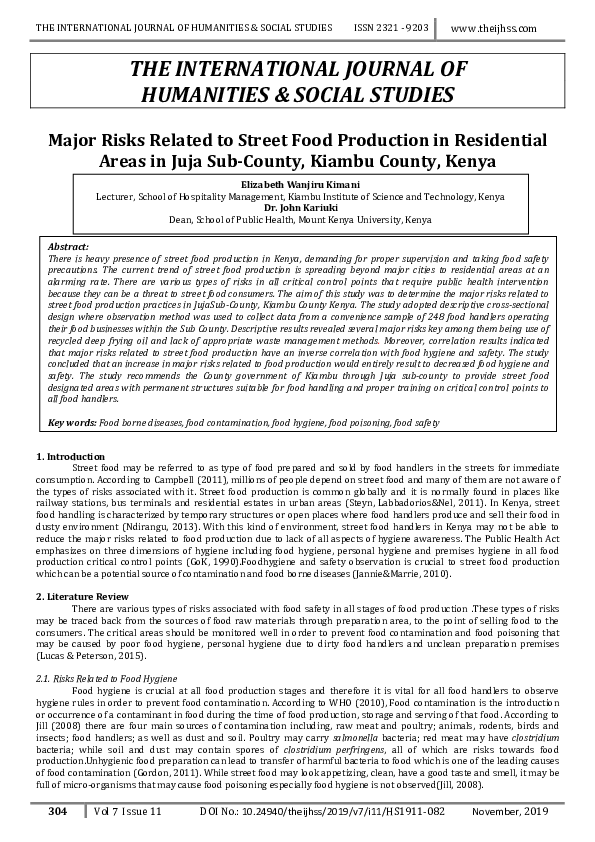 (PDF) Major Risks Related to Street Food Production in Residential ...