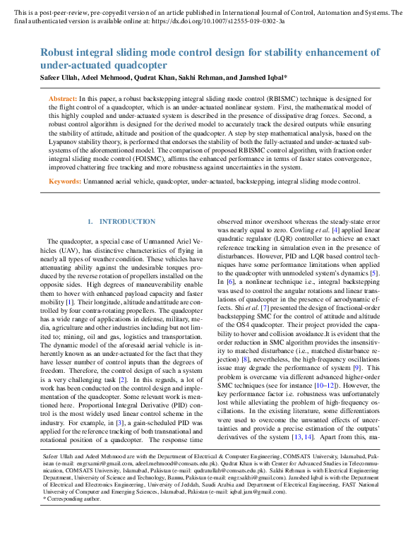 (PDF) Robust Integral Sliding Mode Control Design for Stability Enhancement of Under-actuated ...