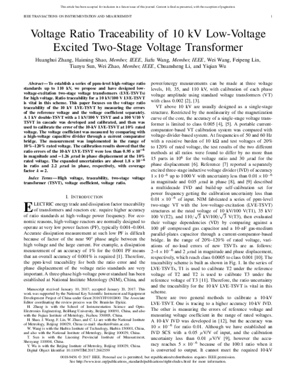 Pdf Voltage Ratio Traceability Of 10 Kv Low Voltage Excited Two Stage Voltage Transformer