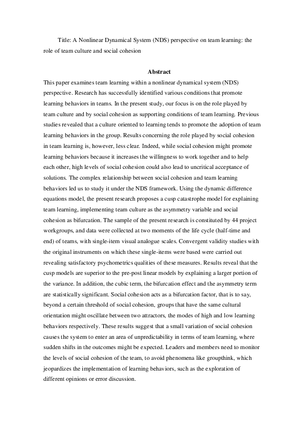 (PDF) A Nonlinear Dynamical System Perspective on Team Learning: The ...
