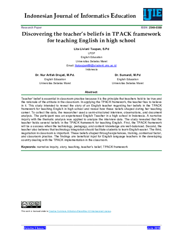 (PDF) Discovering the teacher’s beliefs in TPACK framework for teaching ...