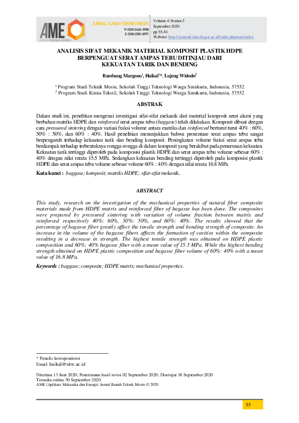 (PDF) Analisis Sifat Mekanik Material Komposit Plastik Hdpe Berpenguat Serat Ampas Tebu Ditinjau ...