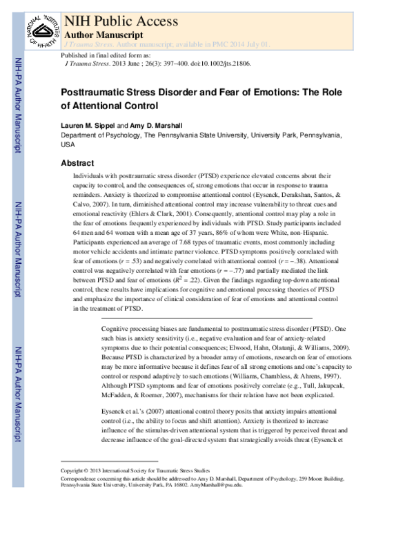 (PDF) Posttraumatic Stress Disorder and Fear of Emotions: The Role of Attentional Control