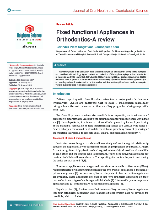 (PDF) Fixed functional Appliances in Orthodontics-A review