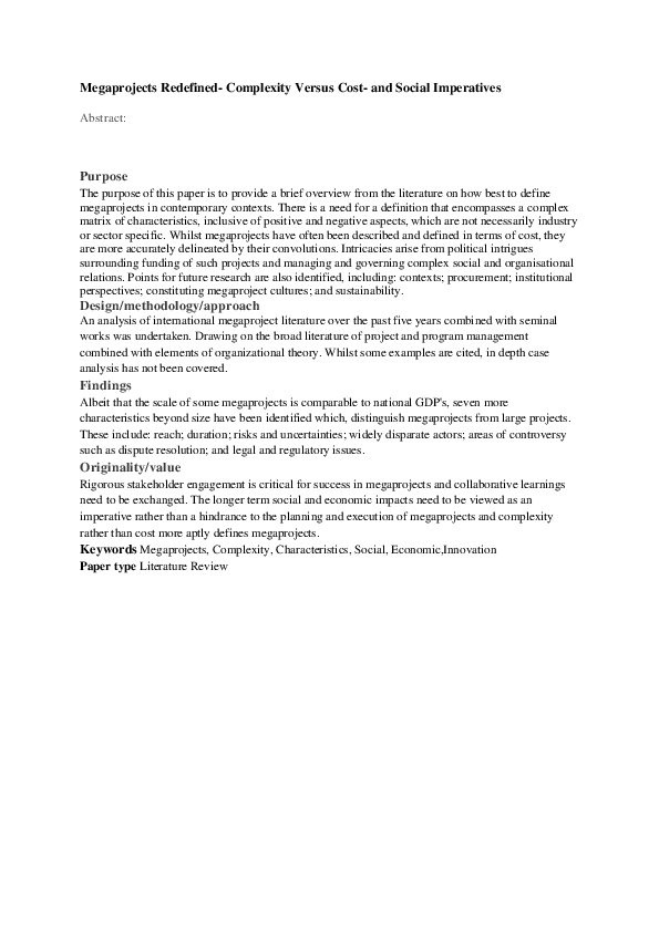 (PDF) Megaprojects redefined – complexity vs cost and social imperatives