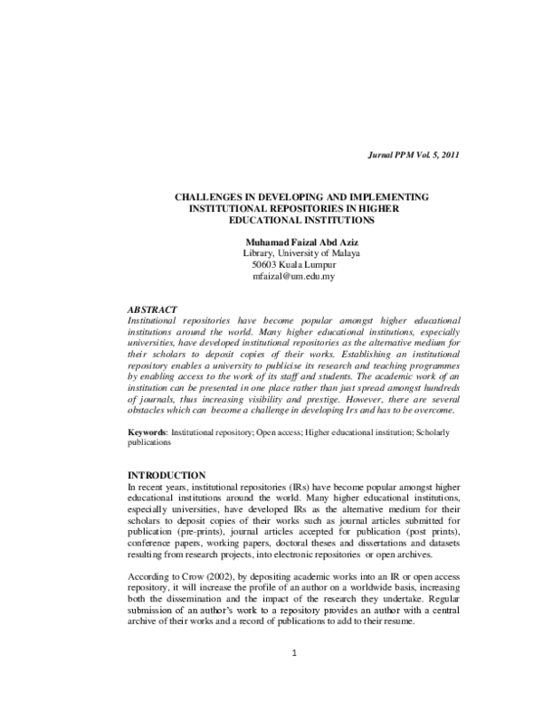 (PDF) Challenges in Developing and Implementing Institutional Repositories in Higher Education ...