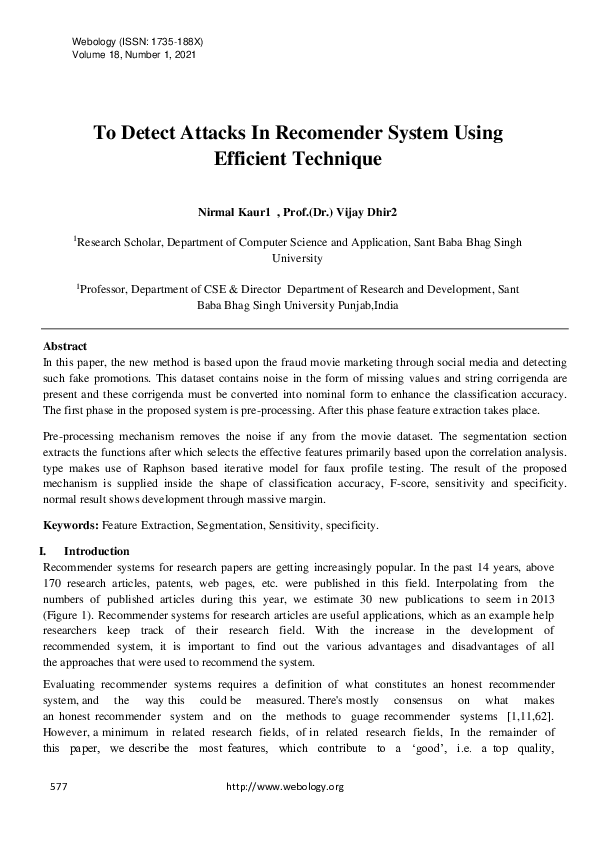 (PDF) To Detect Attacks In Recomender System Using Efficient Technique