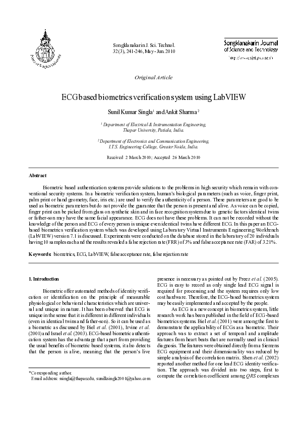 Pdf Ecg Based Biometrics Verification System Using Labview
