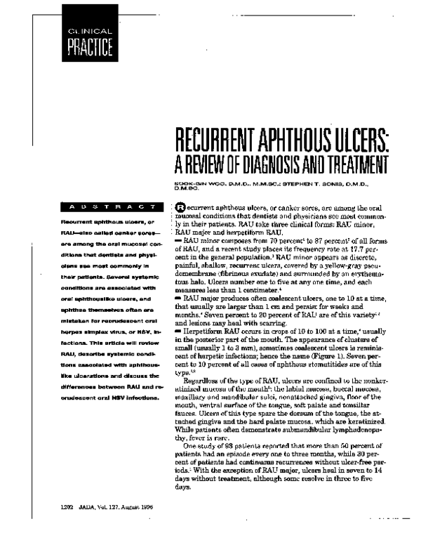 Pdf Recurrent Aphthous Ulcers A Review Of Diagnosis And Treatment