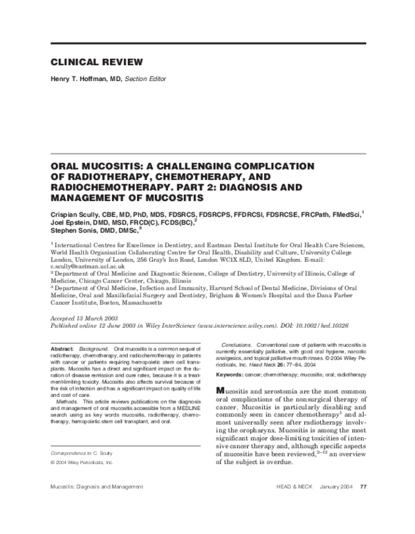 (PDF) Oral mucositis: A challenging complication of radiotherapy, chemotherapy, and ...