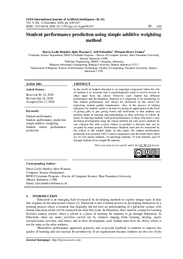 (PDF) Student performance prediction using simple additive weighting method