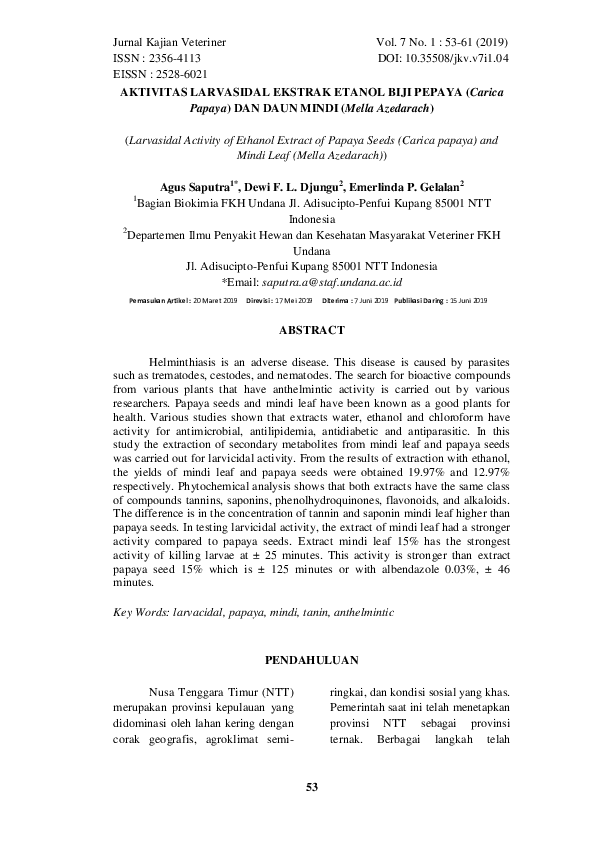 (PDF) Aktivitas Larvasidal Ekstrak Etanol Biji Pepaya (Carica papaya) dan Daun Mindi (Mella ...
