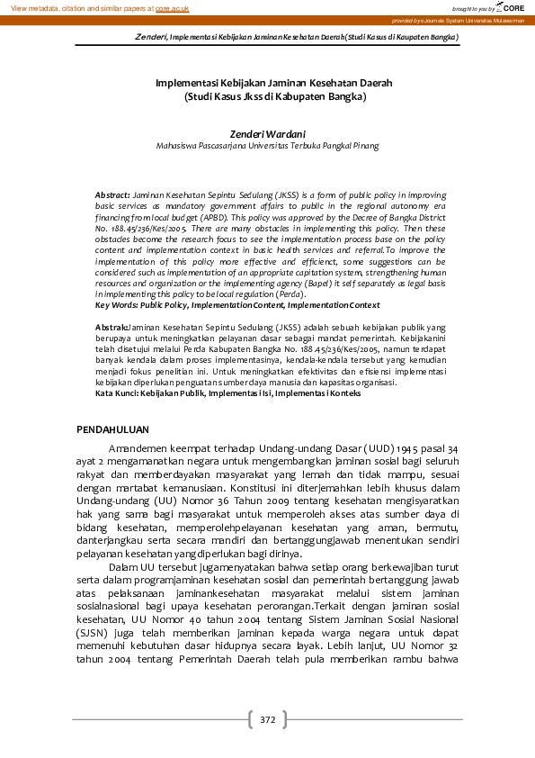 (PDF) Implementasi Kebijakan Jaminan Kesehatan Daerah (Studi Kasus JKSS DI Kabupaten Bangka)