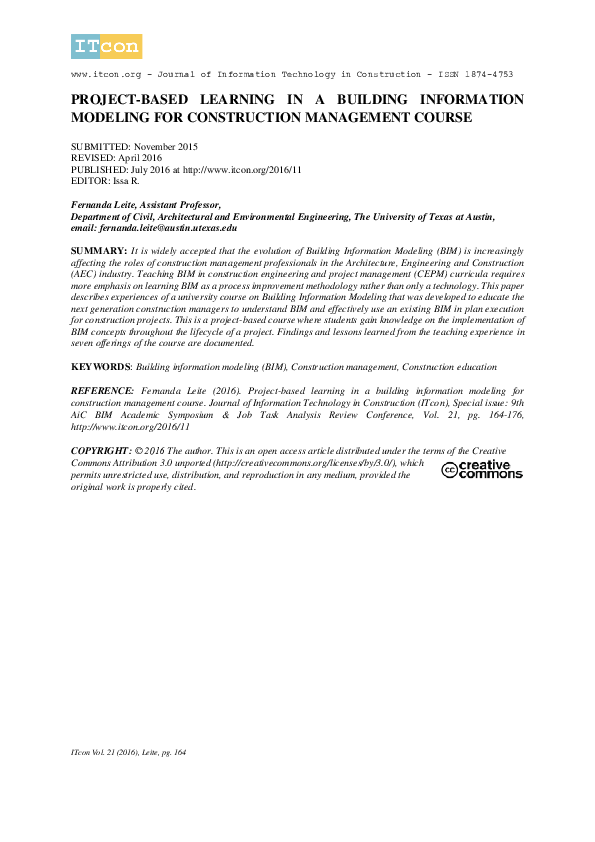 (PDF) Project-based learning in a building information modeling for construction management course