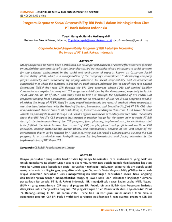 (PDF) Corporate Social Responsibility Program of BRI Peduli for ...