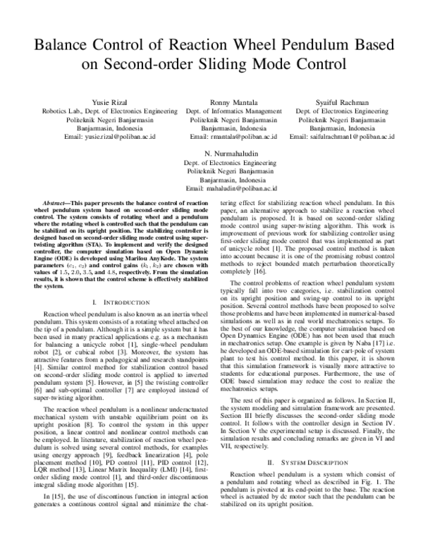 (PDF) Balance Control of Reaction Wheel Pendulum Based on Second-order Sliding Mode Control