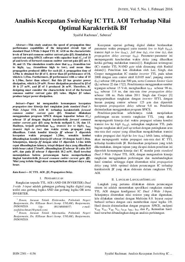 (PDF) Analisis Kecepatan Switching IC TTL AOI Terhadap Nilai Optimal Karakteristik Bf