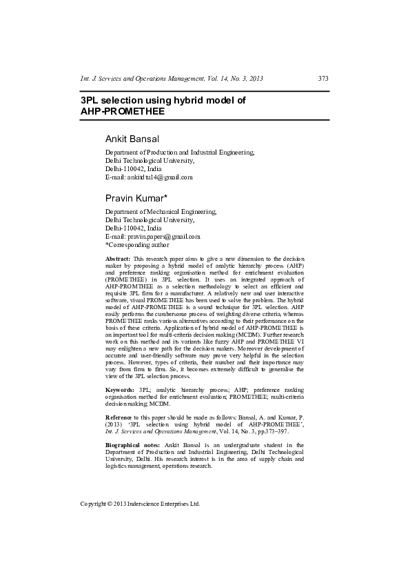 (PDF) 3PL selection using hybrid model of AHP-PROMETHEE