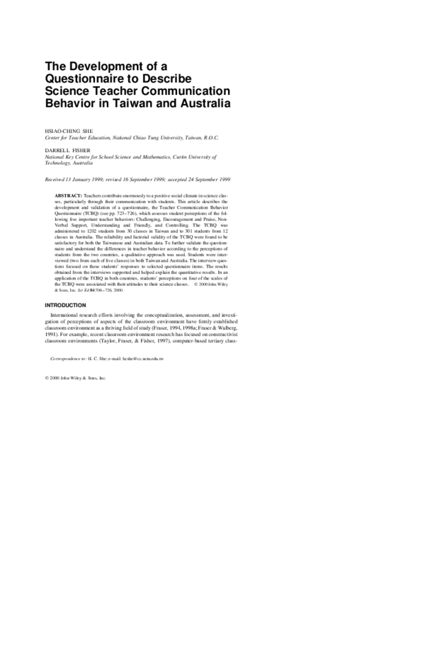 Pdf The Development Of A Questionnaire To Describe Science Teacher Communication Behavior In