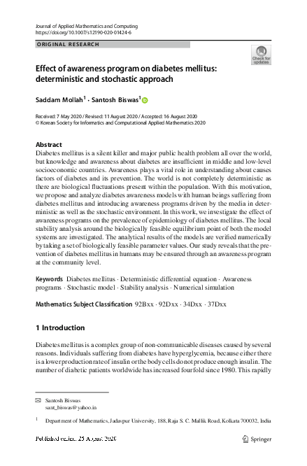 Pdf Effect Of Awareness Program On Diabetes Mellitus Deterministic And Stochastic Approach