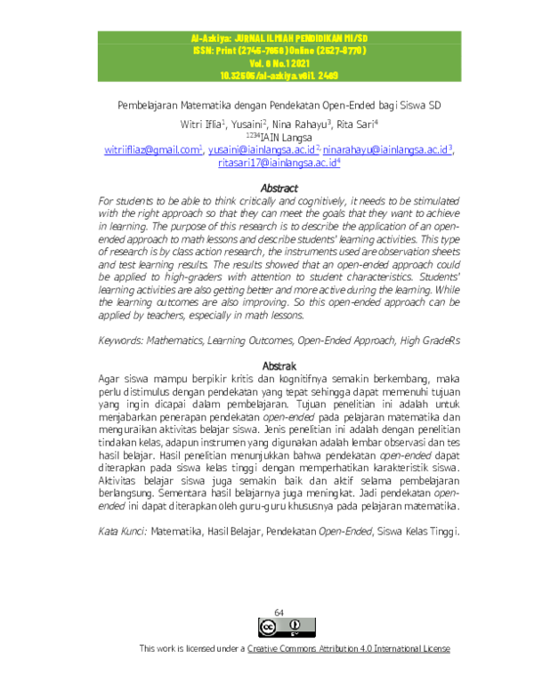 (PDF) Pembelajaran Matematika dengan Pendekatan Open-Ended bagi Siswa ... (PDF) Pembelajaran Matematika dengan Pendekatan Open-Ended bagi Siswa ...