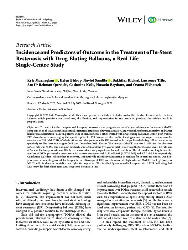 (PDF) Incidence and Predictors of Outcome in the Treatment of In-Stent ...