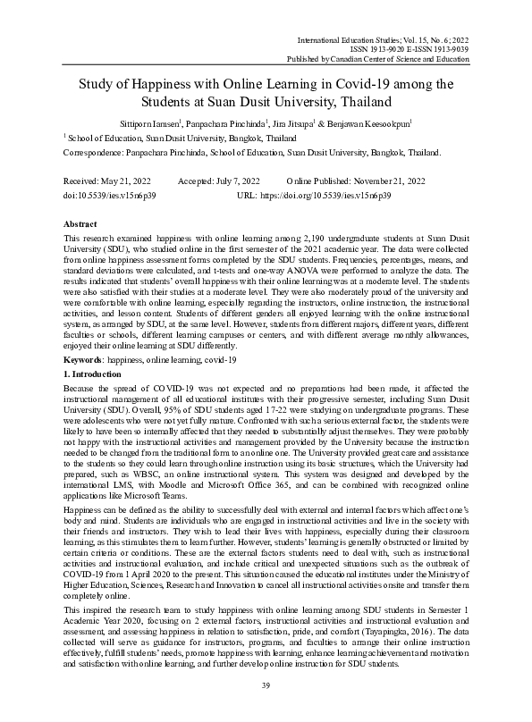 (PDF) Study of Happiness with Online Learning in Covid-19 among the ...