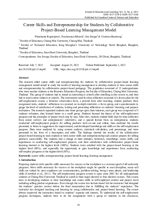 (PDF) Career Skills and Entrepreneurship for Students by Collaborative Project-Based Learning ...