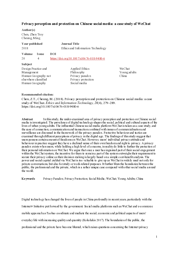 (PDF) Privacy perception and protection on Chinese social media: a case ...