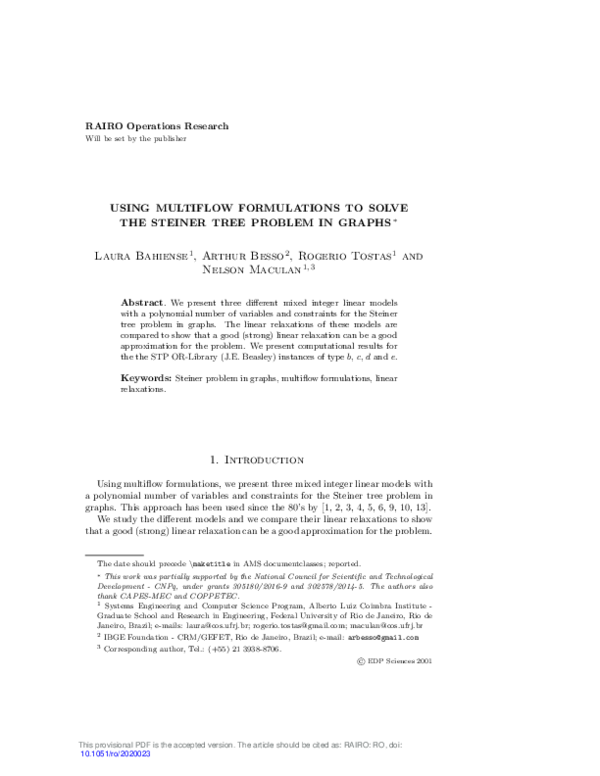 (PDF) Using multiflow formulations to solve the Steiner tree problem in graphs | Laura Bahiense ...
