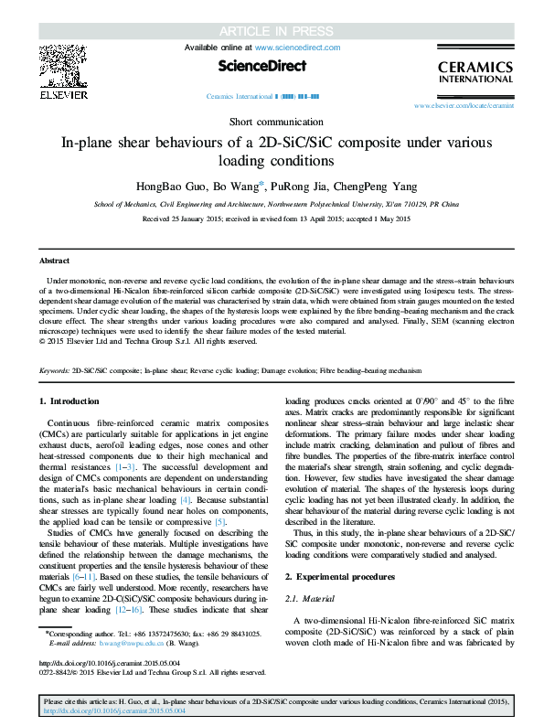 In Plane Shear Behaviours Of A 2d Sic Sic Composite Under Various Loading Conditions