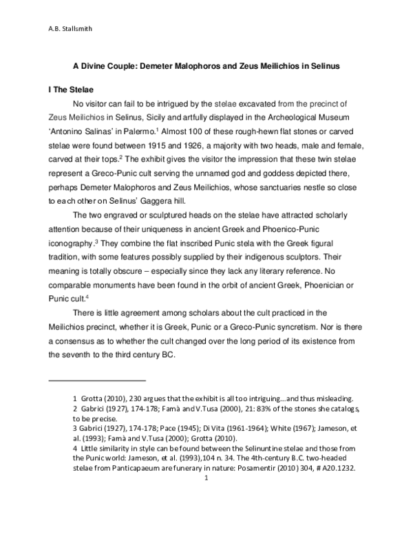 (PDF) A Divine Couple: Demeter Malophoros and Zeus Meilichios in Selinus