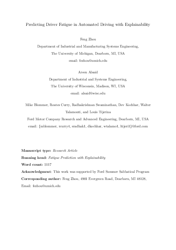 Pdf Predicting Driver Fatigue In Automated Driving With Explainability