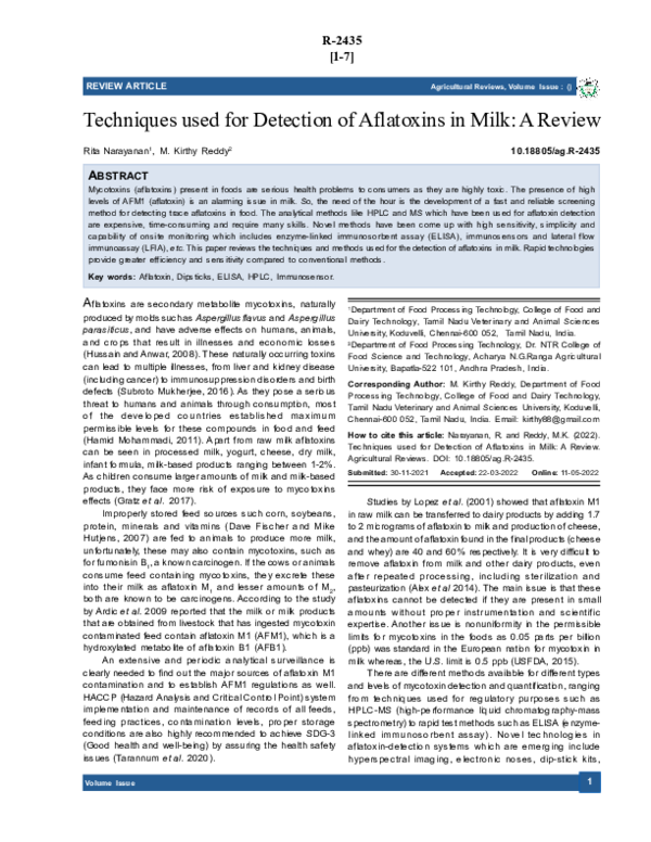 (PDF) Techniques used for Detection of Aflatoxins in Milk: A Review