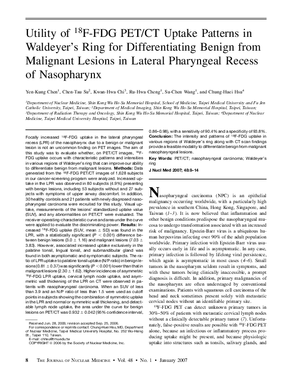 (PDF) Utility of 18F-FDG PET/CT uptake patterns in Waldeyer's ring for ...