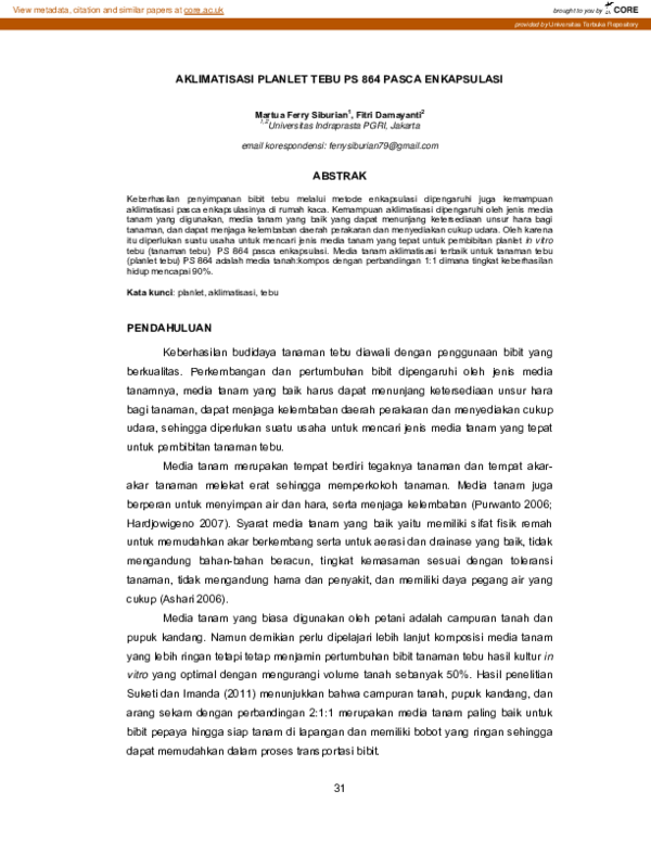 (PDF) Aklimatisasi Planlet Tebu PS 864 Pasca Enkapsulasi