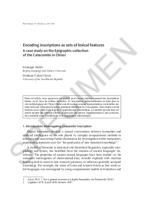 (PDF) Encoding inscriptions as sets of lexical features. A case study ...