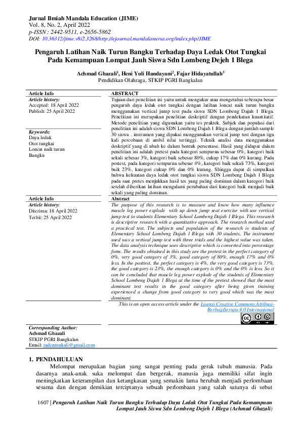(PDF) Pengaruh Latihan Naik Turun Bangku Terhadap Daya Ledak Otot Tungkai Pada Kemampuan Lompat ...