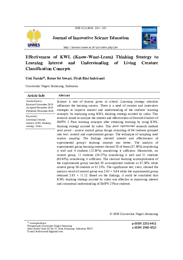 (PDF) Effectiveness of KWL (Know-Want-Learn) Thinking Strategy to ...